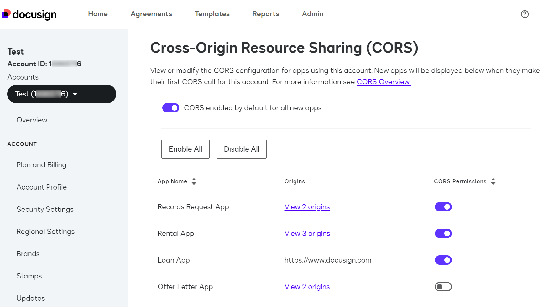 Enable or disable CORS for apps | Docusign
