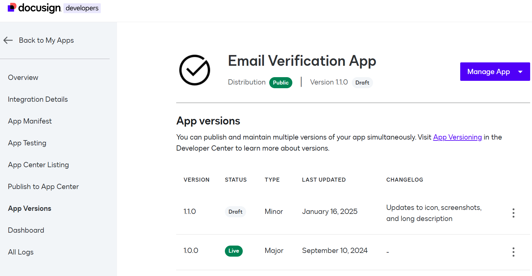 Extension app versioning | Docusign