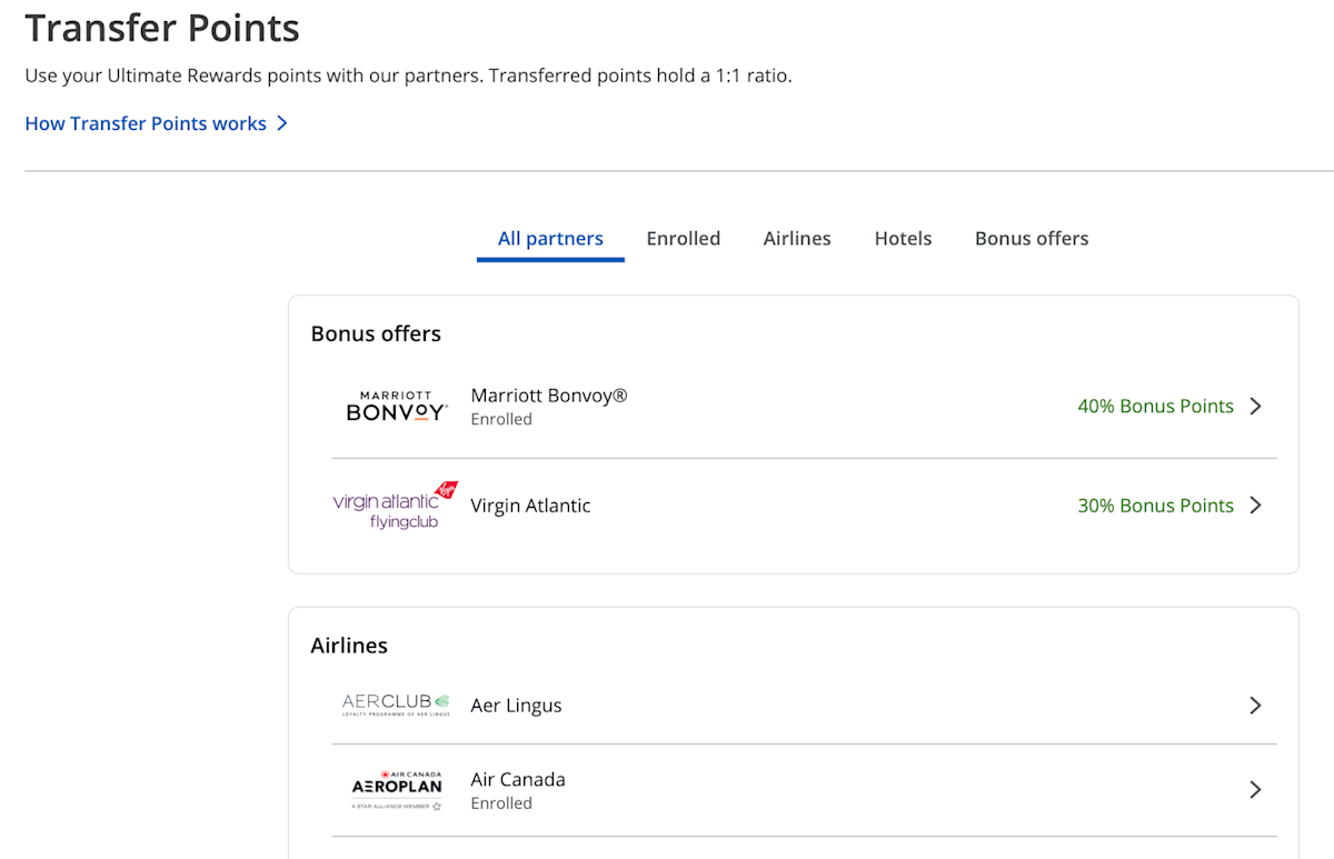 Chase Points Transfer Partners
