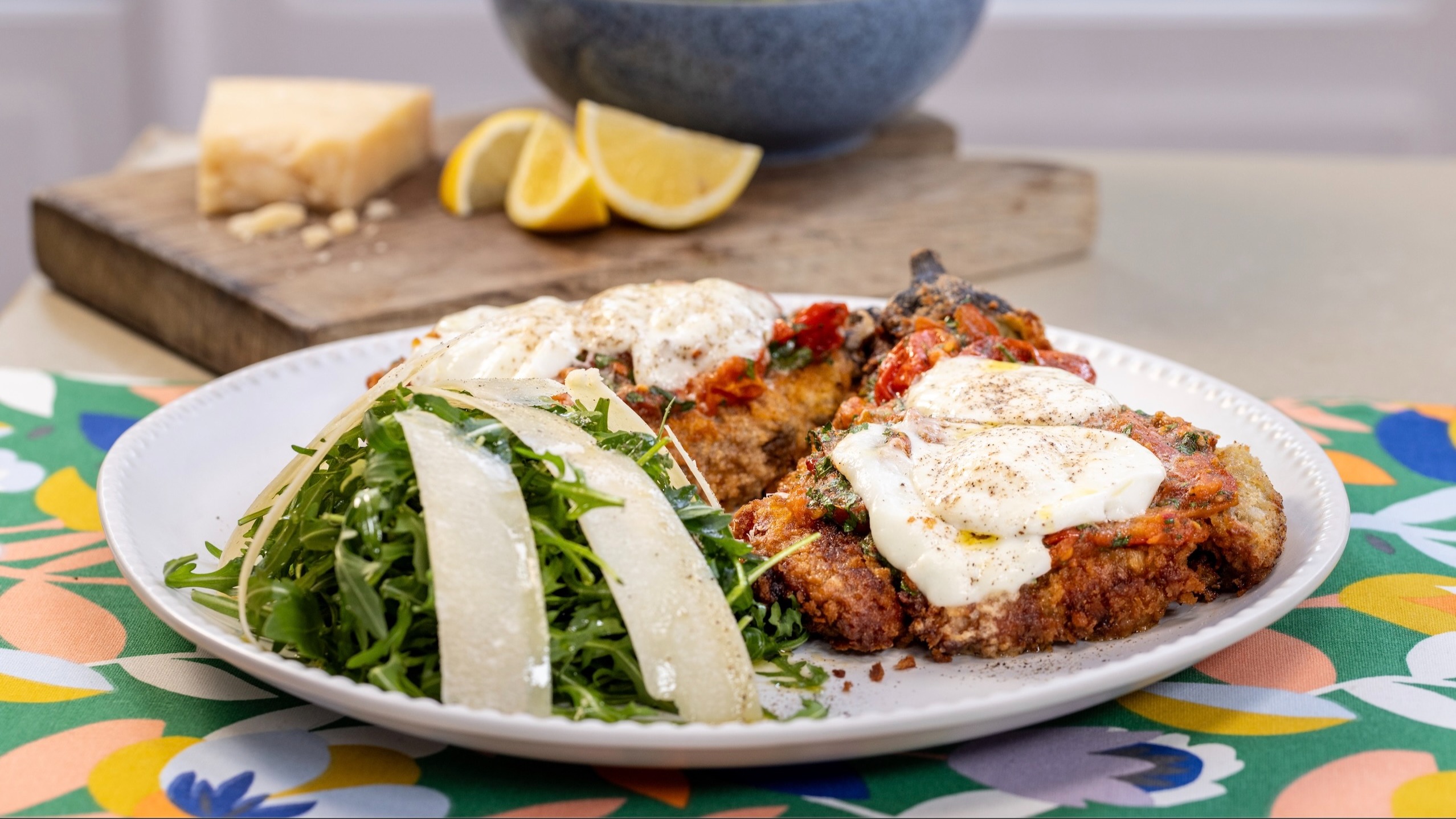 Aubergine Parmigiana Schnitzel and Rocket salad | John and Lisa's ...