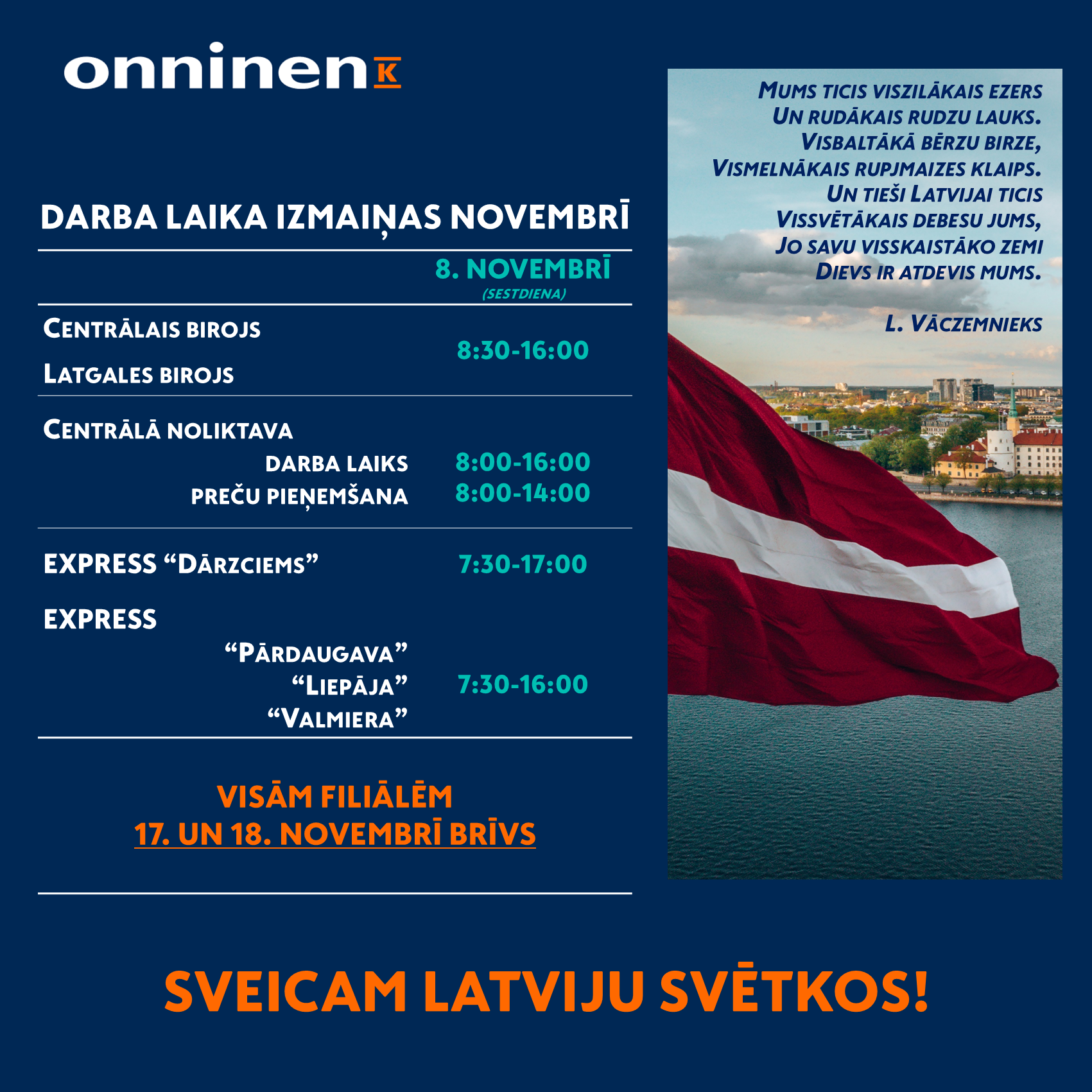 Darba laiks NOVEMBRIS 2025 | Onninen