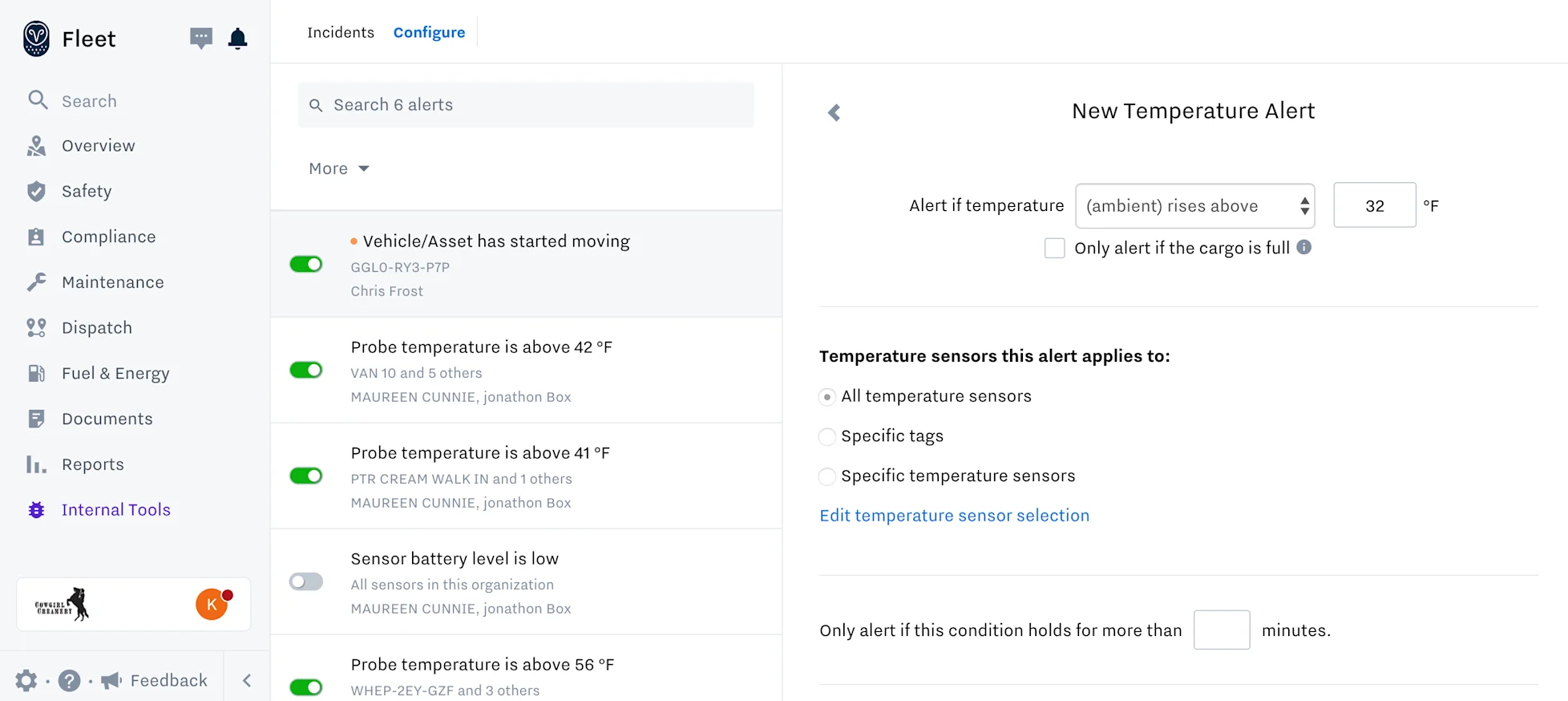 Set up temperature alerts to monitor perishable goods