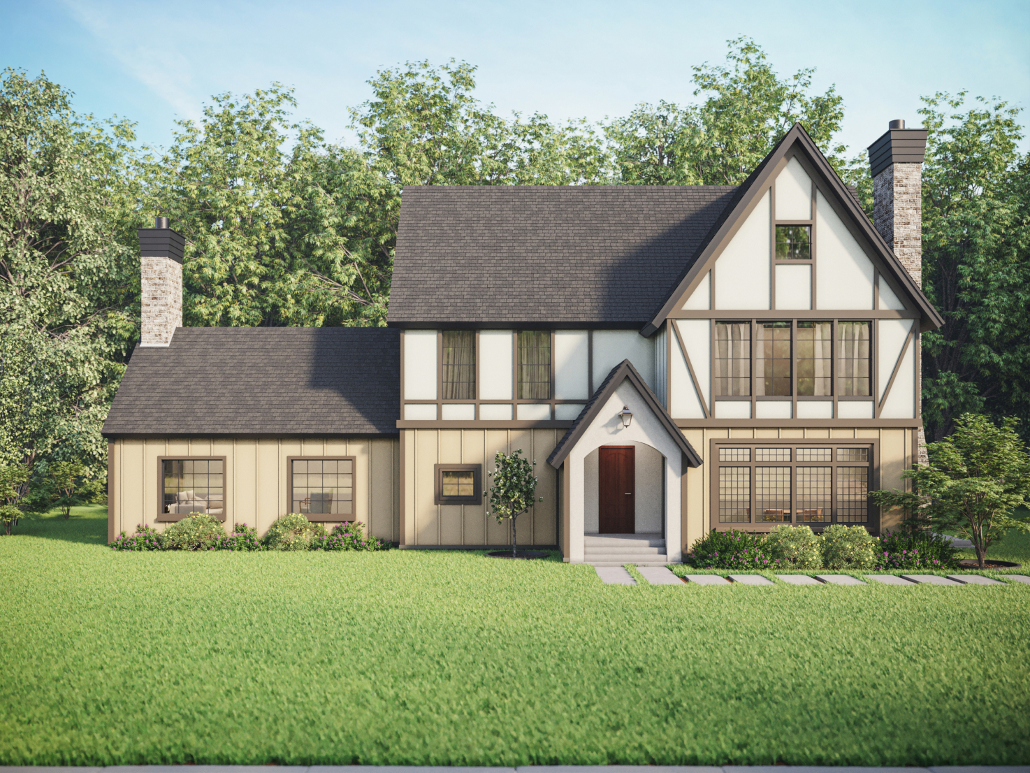 Tudor Home With White Siding