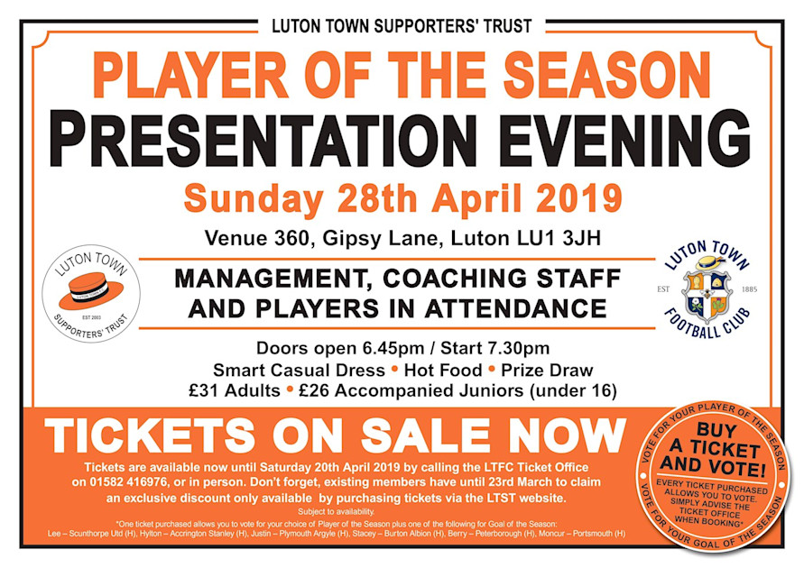 PRESENTATION EVENING TICKETS NOW ON SALE! - Luton Town FC