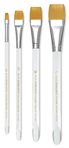 Blick Scholastic Short Handle Golden Taklon Brush Set - Flat Foot, Set ...