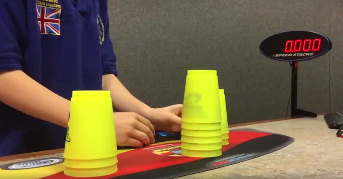 He Has 3 Stacks Of Bright Yellow Cups In Front Of Him. Now Watch His ...