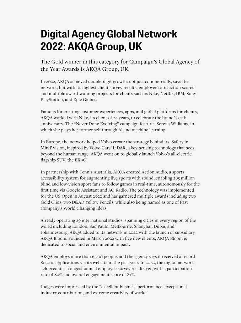 Digital Agency Global Network of the Year - AKQA