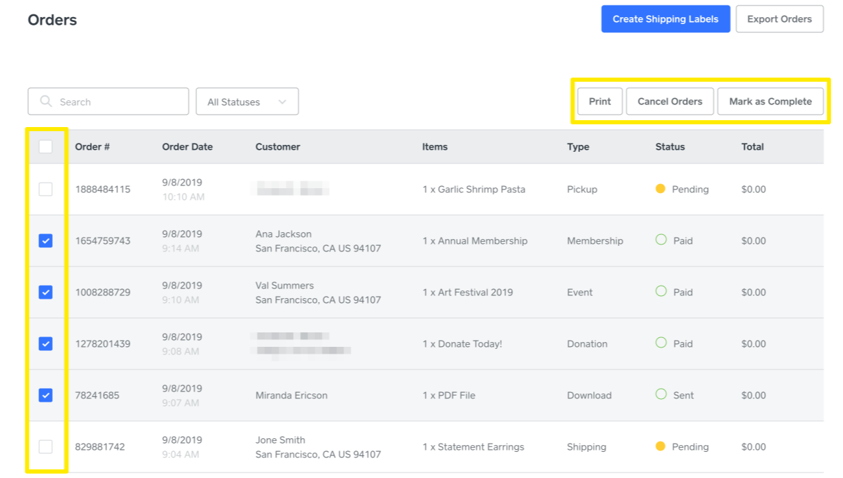 Manage Multiple Orders at Once | Weebly Support - US