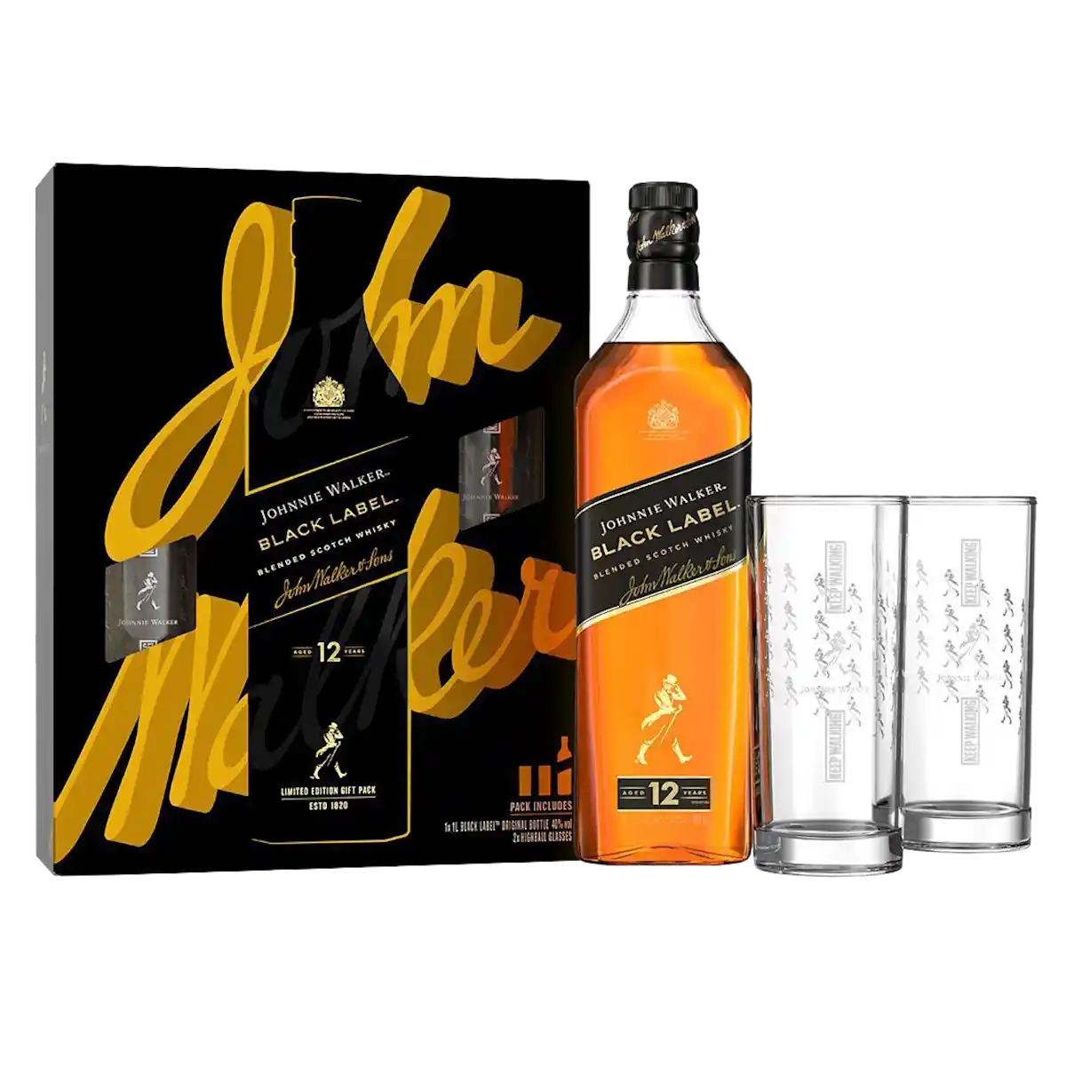 Johnnie Walker Black Label Giftpack with 2 Highball Glasses | Malts