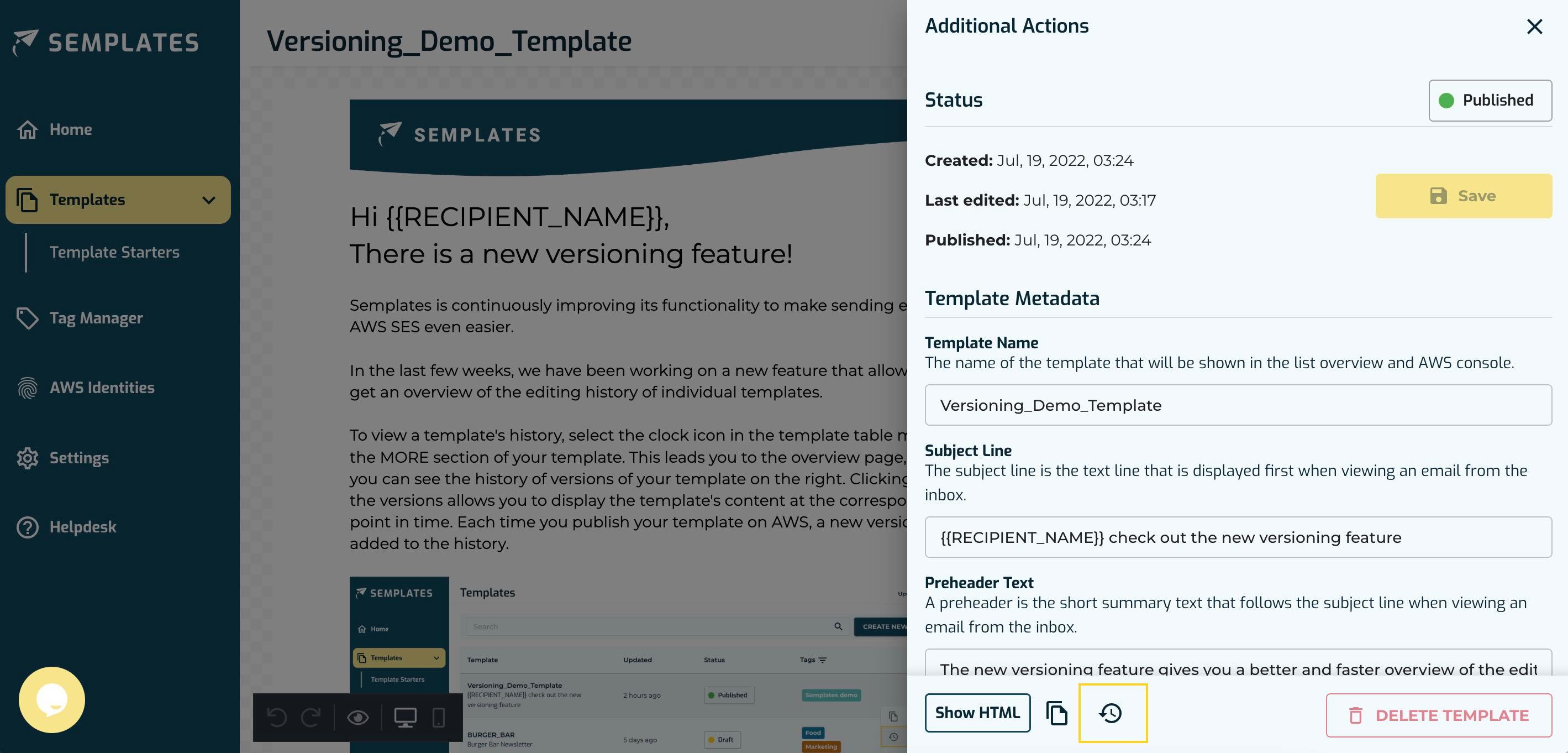 Track template history with versioning | Semplates