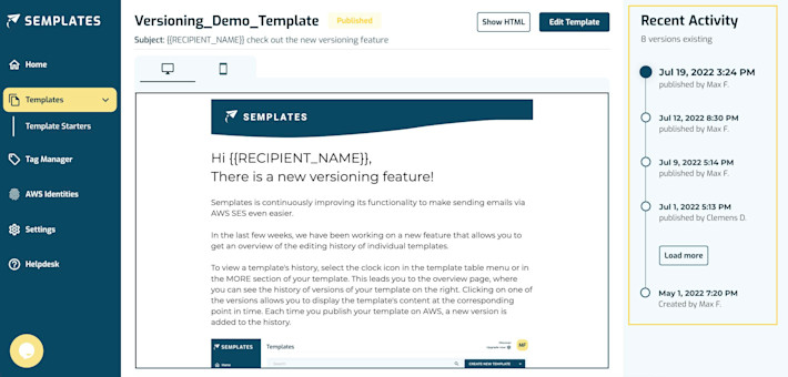 Track template history with versioning | Semplates