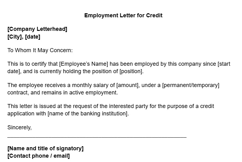 Carta de trabajo para crédito en ingles