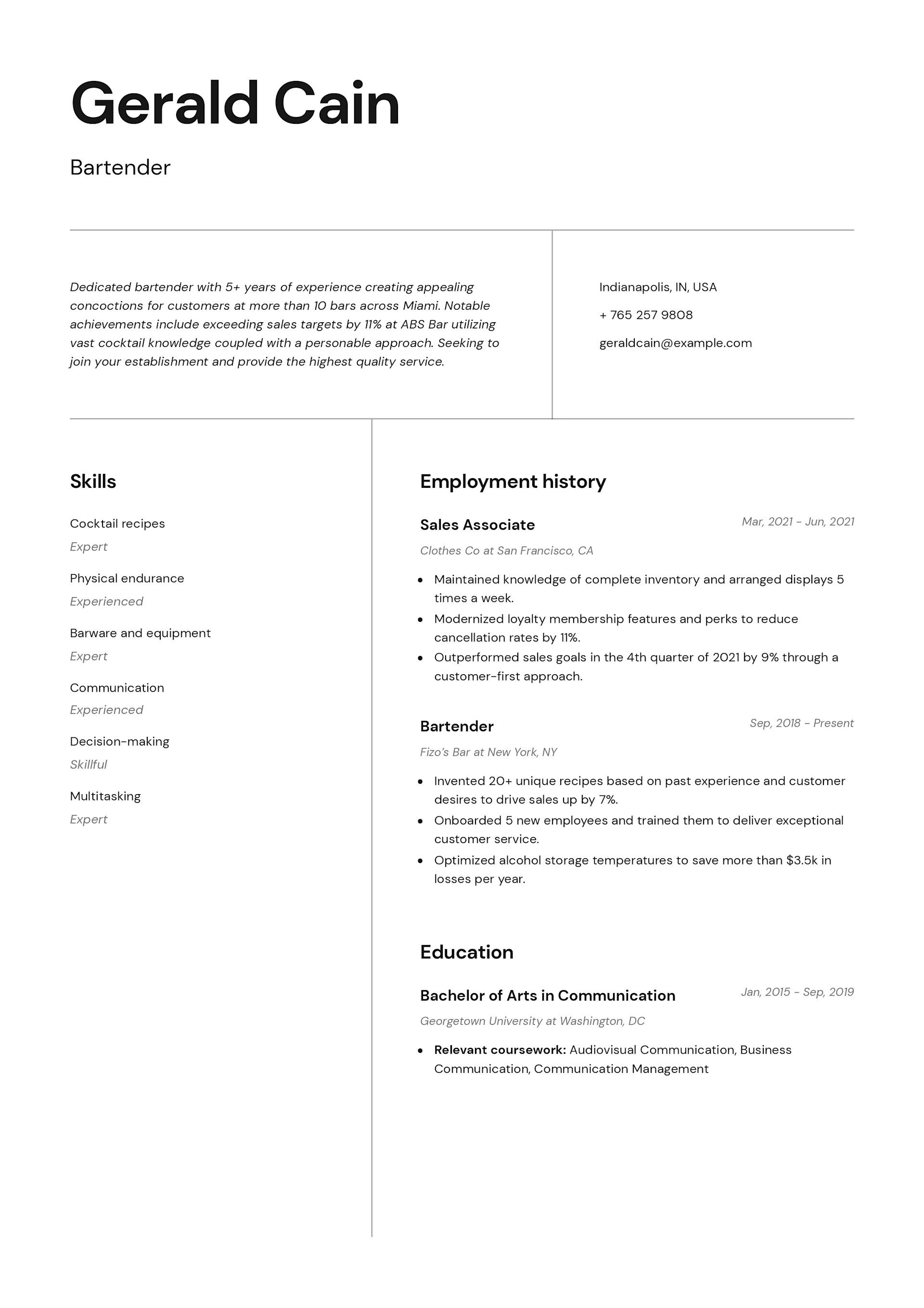How To Write A Bartender Resume In 2023 W Examples Tips