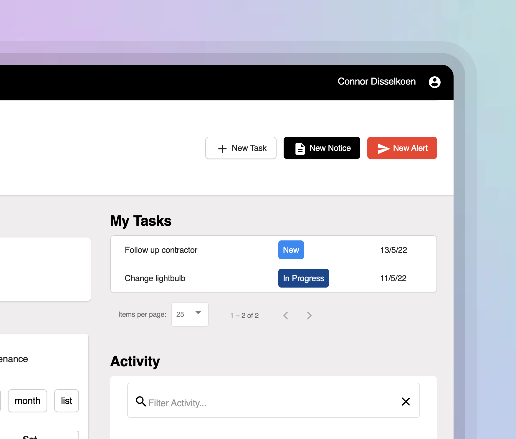 Tasks on dashboard