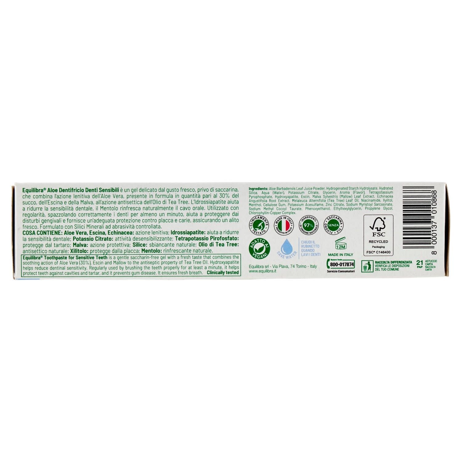Equilibra Aloe Dentifricio Denti Sensibili 75ml - Top Farmacia
