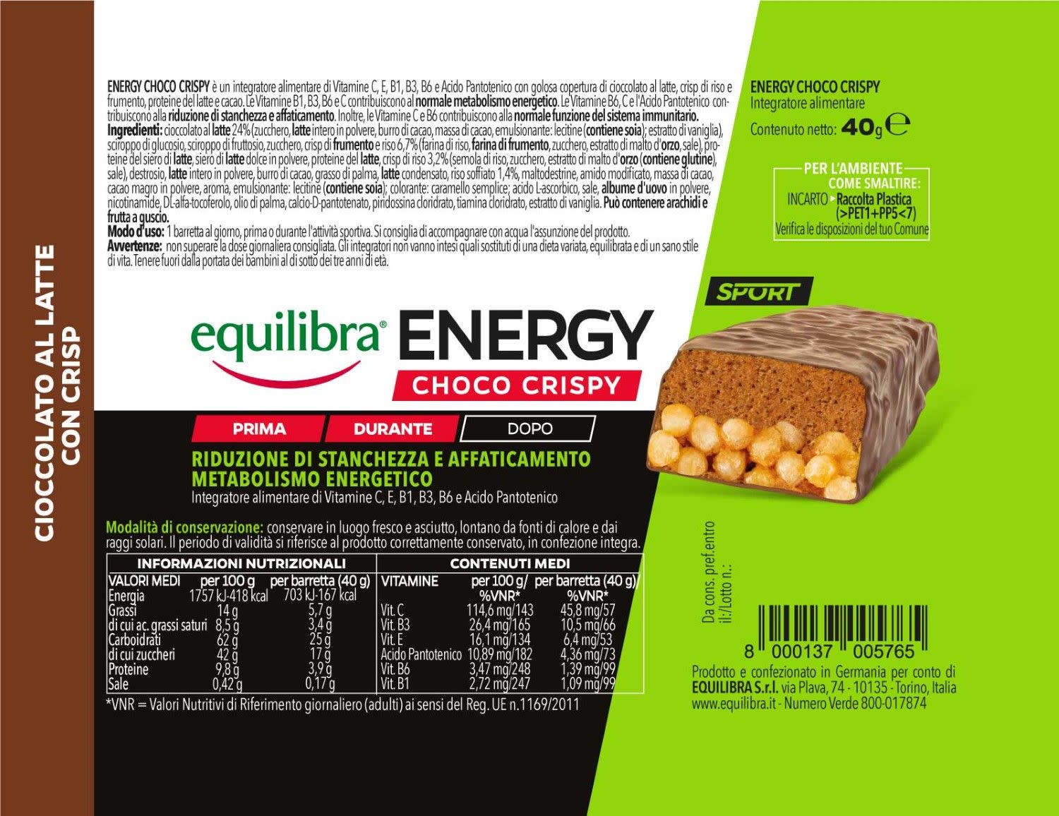 Equilibra Energy Choco Crispy Barretta Energetica 40g - Top Farmacia
