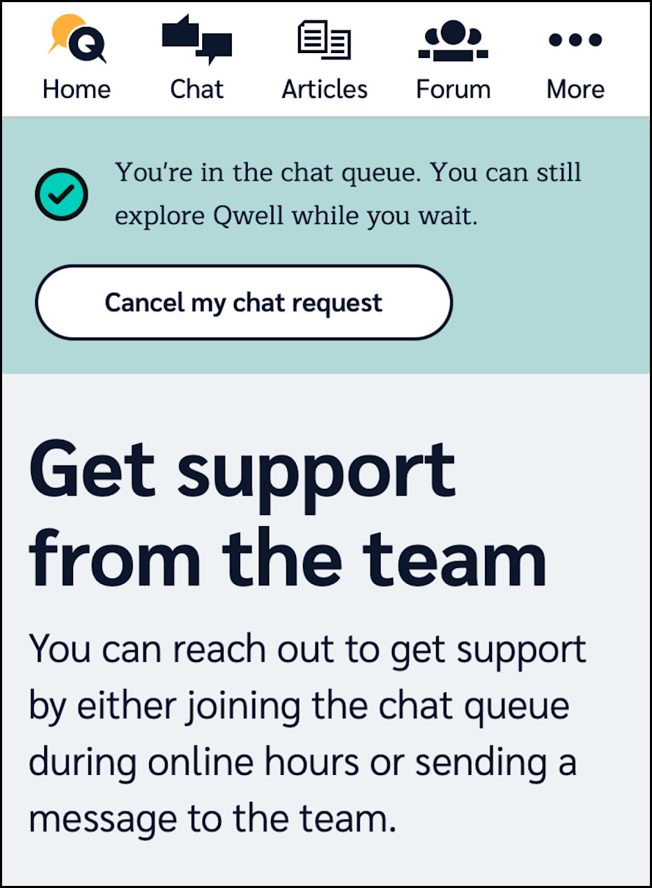 A screengrab from Qwell showing a chat queue notification