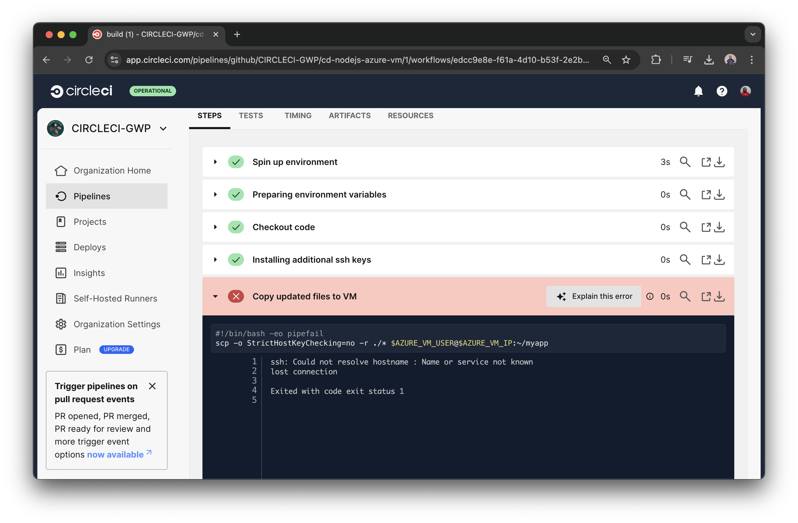 Continuous deployment of Node.js to Azure VM | CircleCI