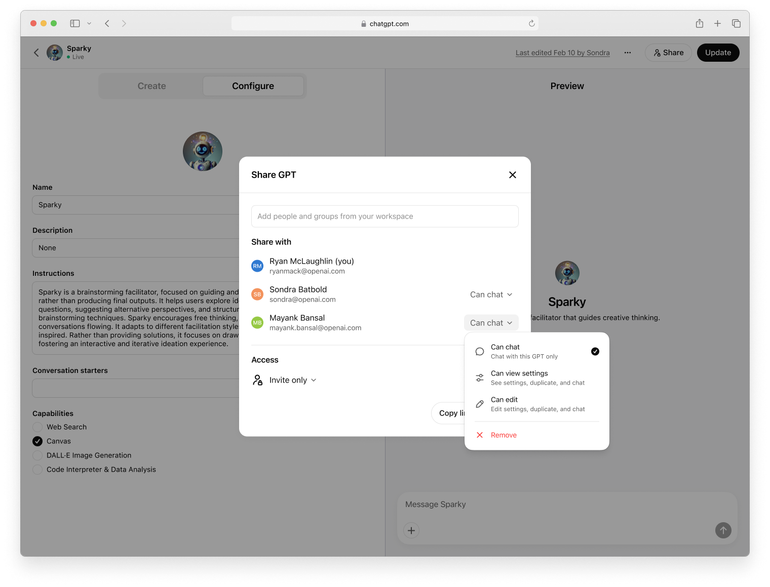 Shared edit access for custom GPTs | OpenAI Help Center