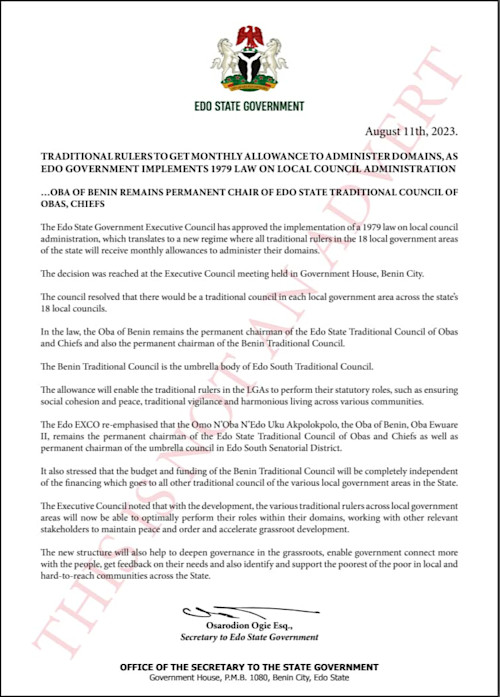 Traditional rulers to get monthly allowance to administer domains, as ...