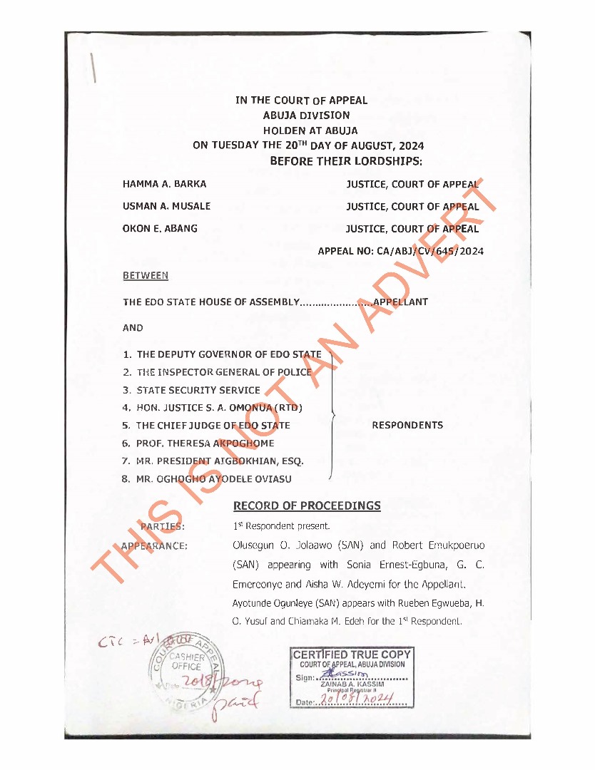Appeal Court Judgment: Certified True Copy exposes Philip Shaibu's lies