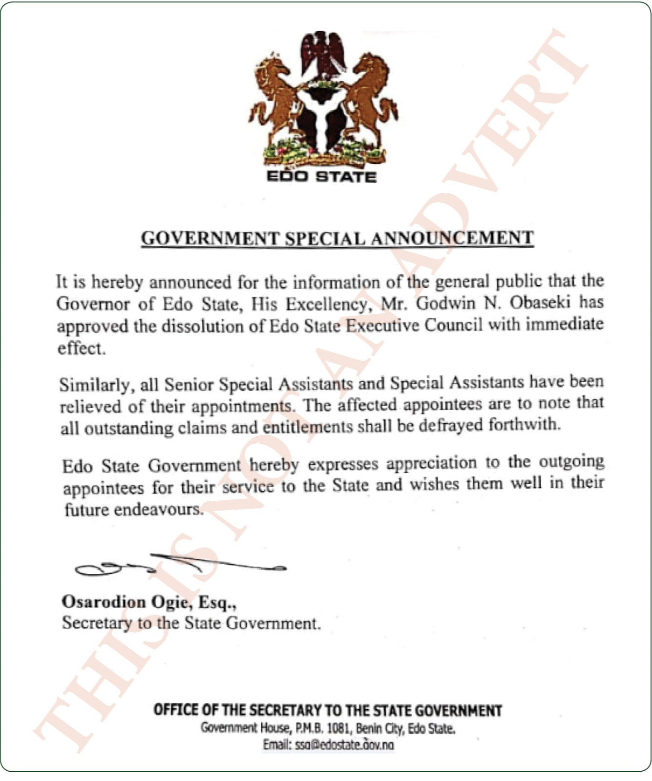Edo govt dissolves Executive Council