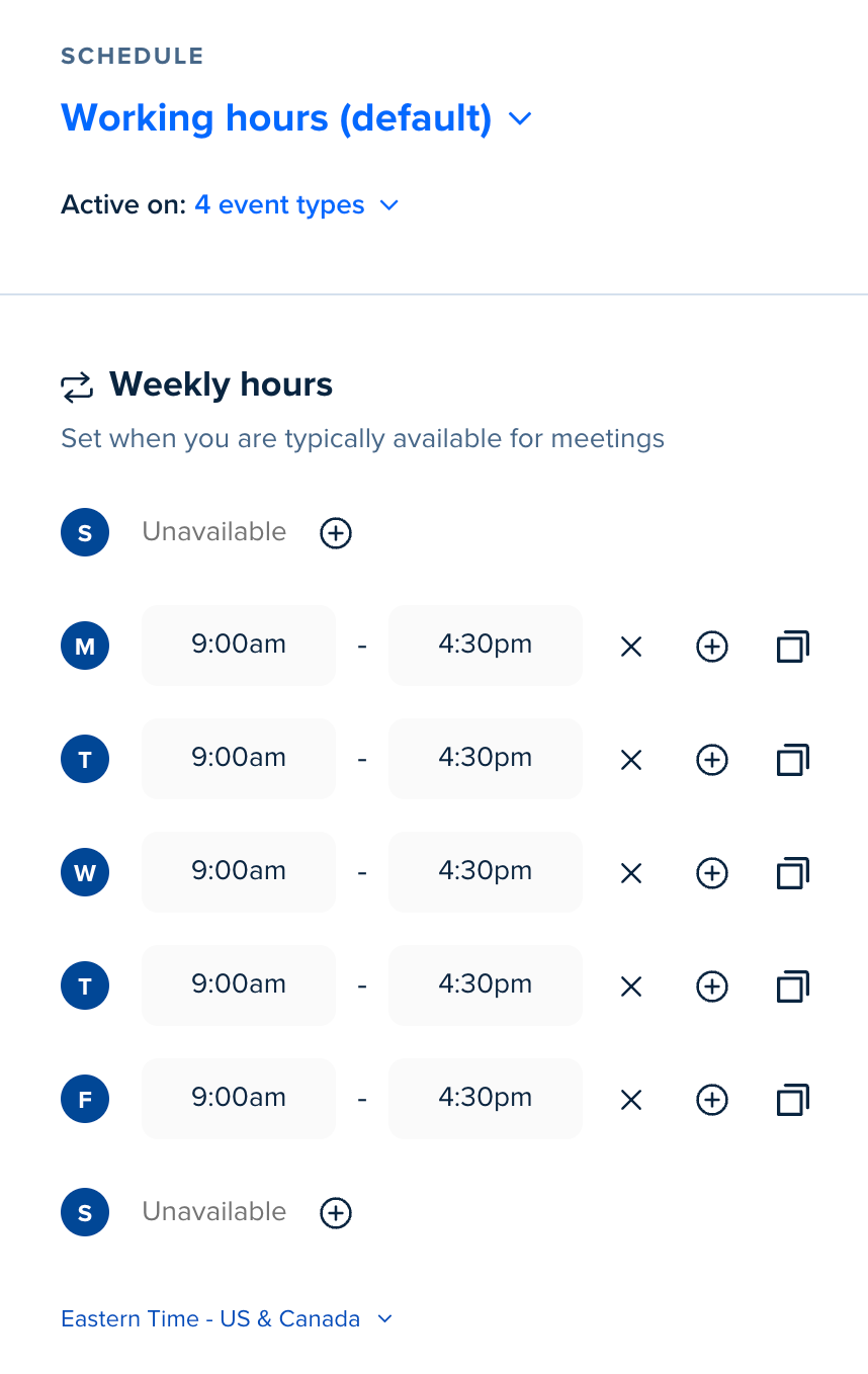 Set your availability so no one can book you at the wrong time | Calendly