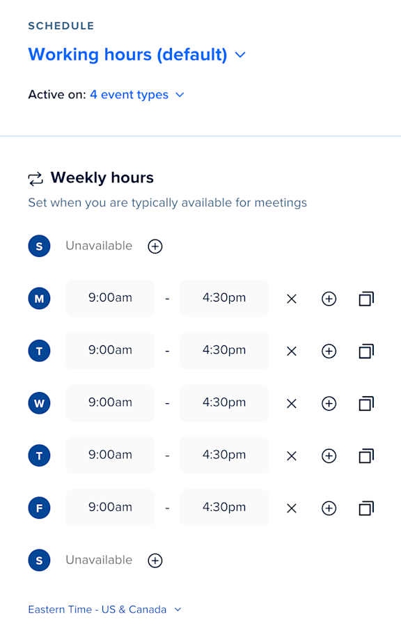 Set your availability so no one can book you at the wrong time | Calendly