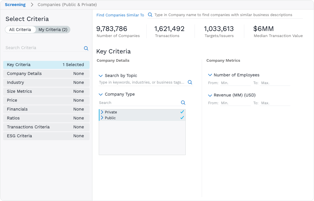 Screening for Dealmakers | Private and Public Company Data