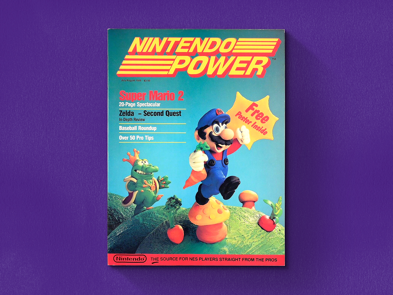 The July 1988 first issue of Nintendo Power, on a purple background ...