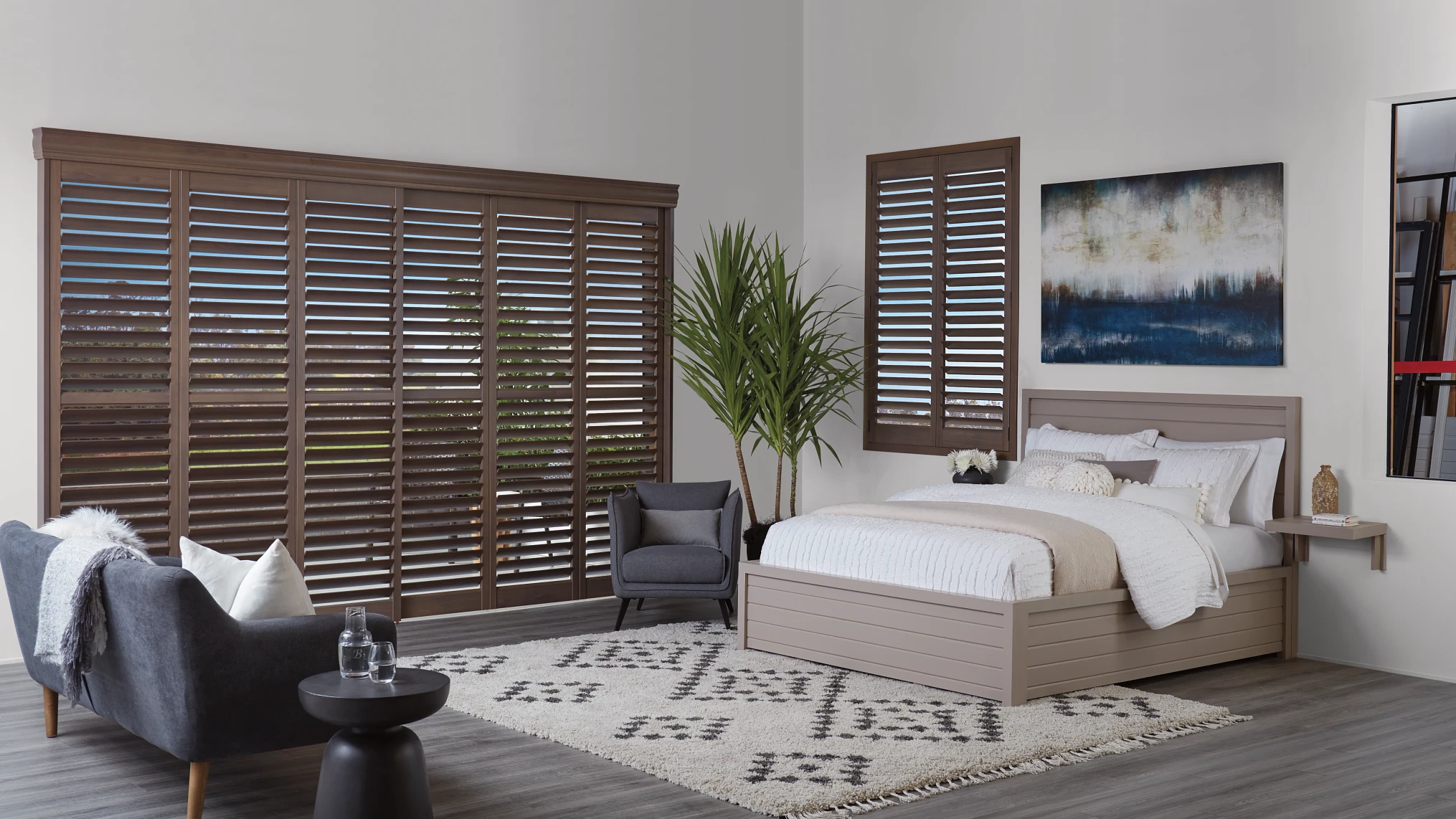 Gray wood window shutters with gear system and bypass with divider ...