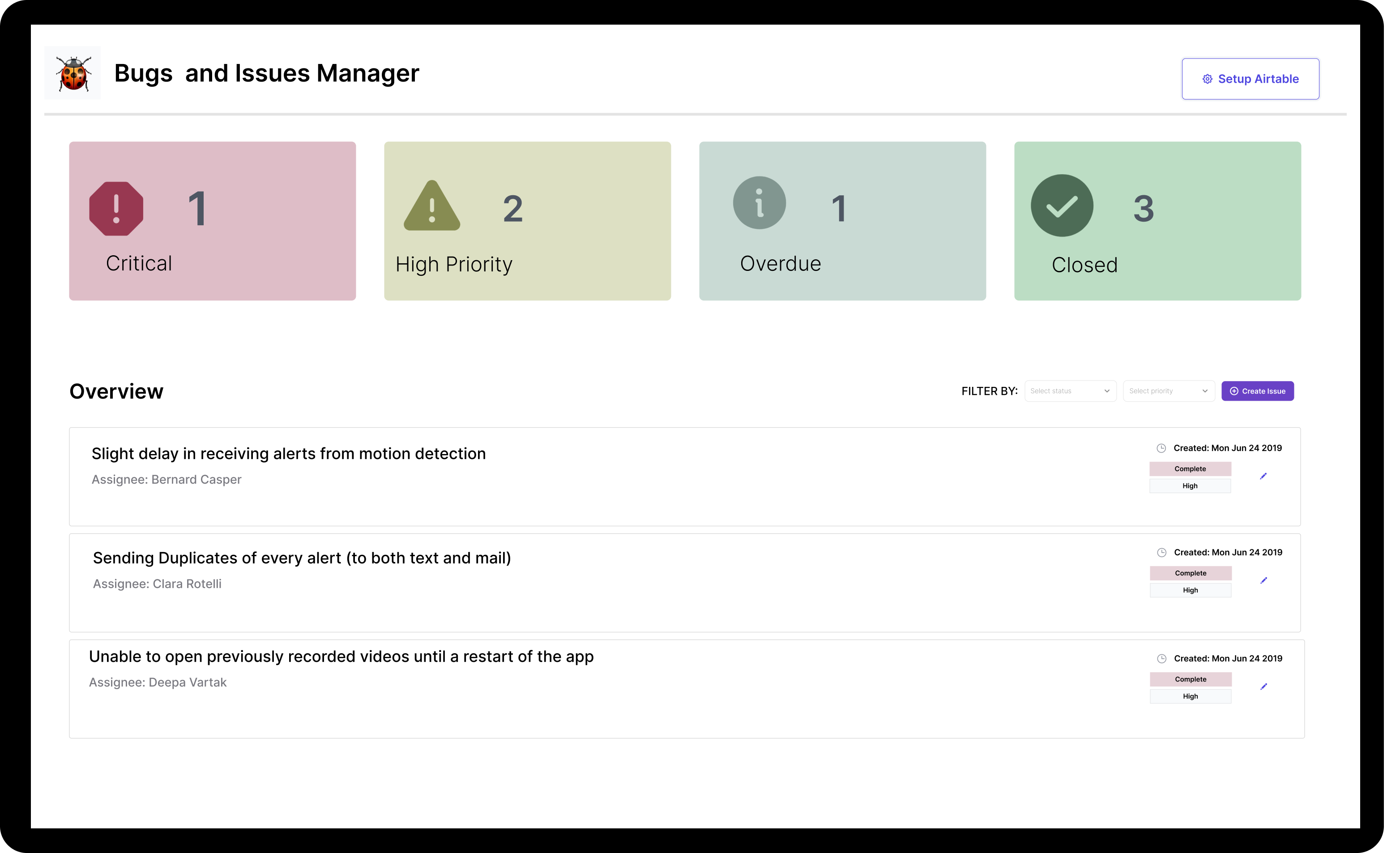 Bugs and issues manager template