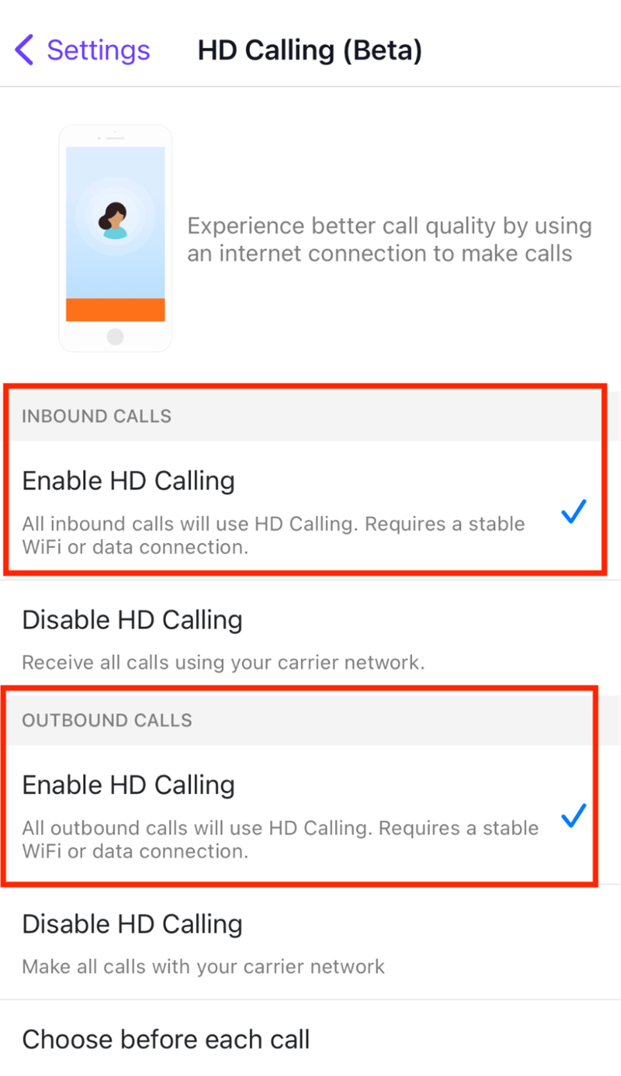 Enable HD Calling for Inbound and Outbound calls