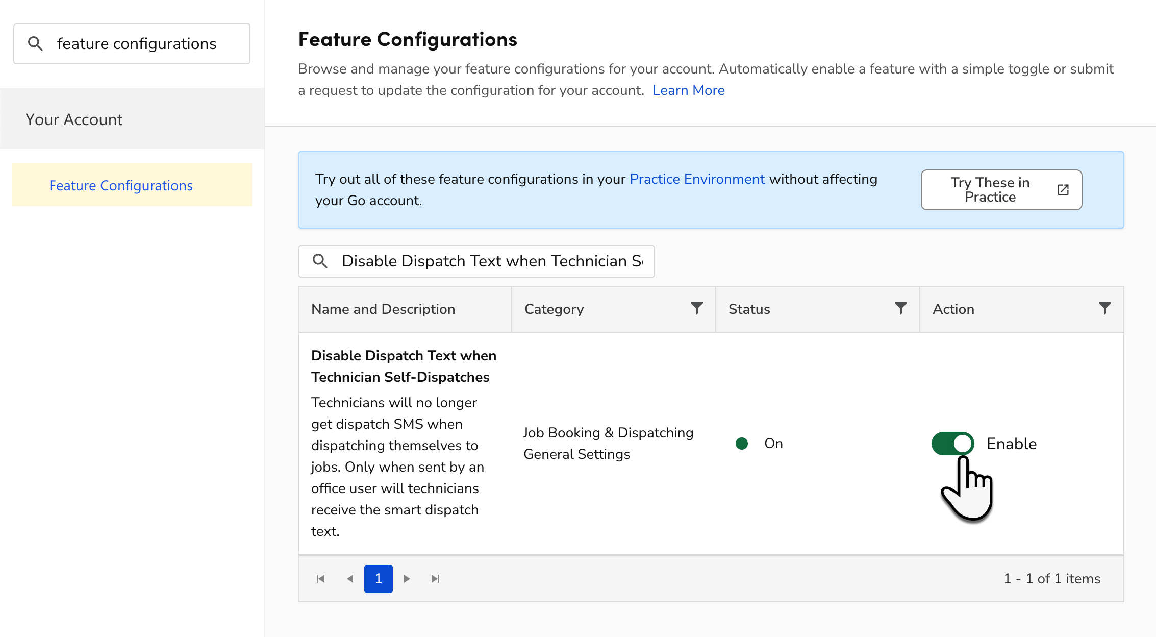 A cursor enabling the Disable Dispatch Text when Technician Self-Dispatches configuration in ...