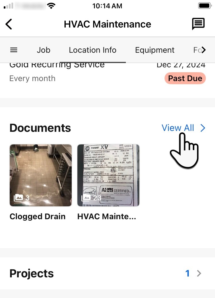 A cursor selecting View All in the ServiceTitan Field Mobile App.