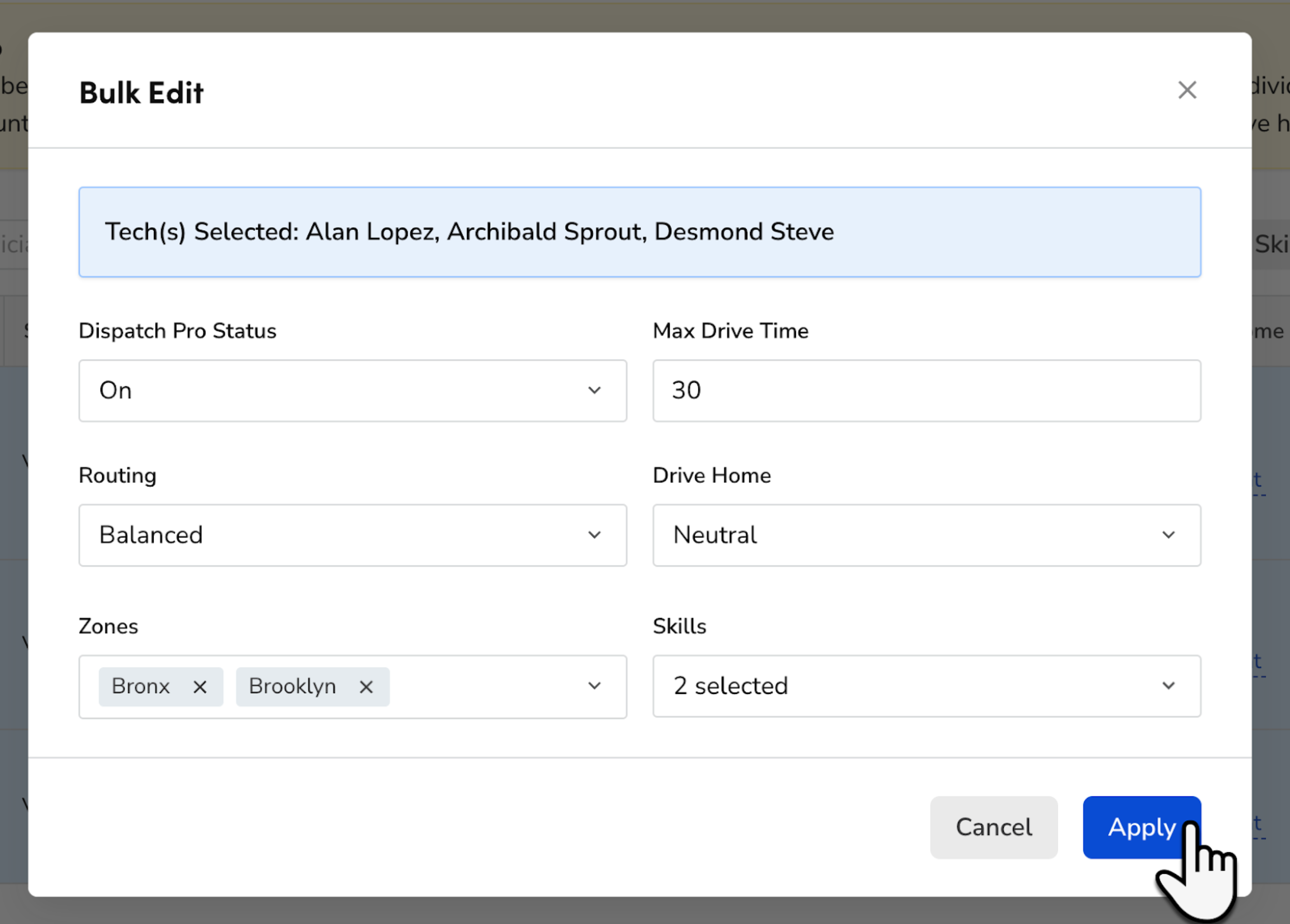 A cursor clicking Apply to make bulk changes in ServiceTitan's Dispatch Pro Technician Settings.