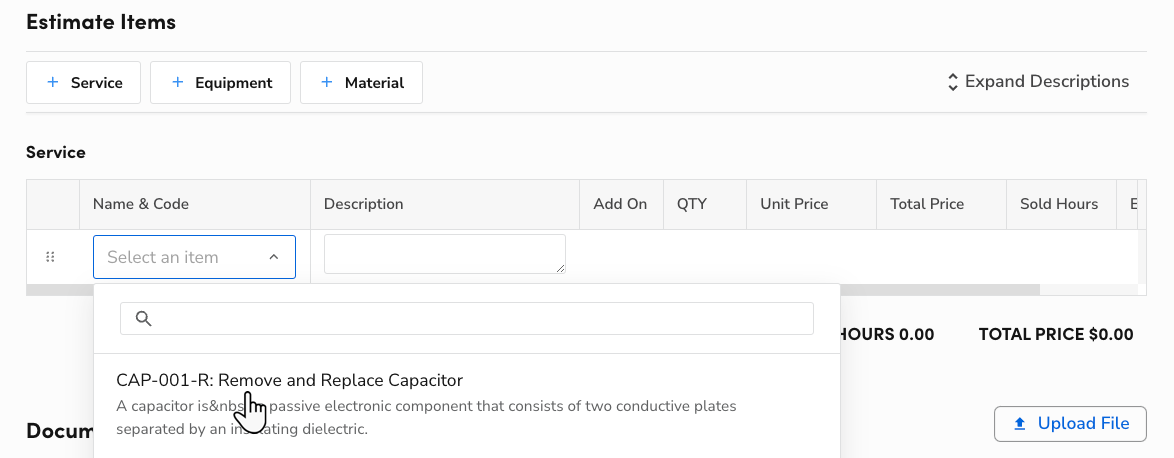 Cursor clicking the configurable service on the Estimates screen