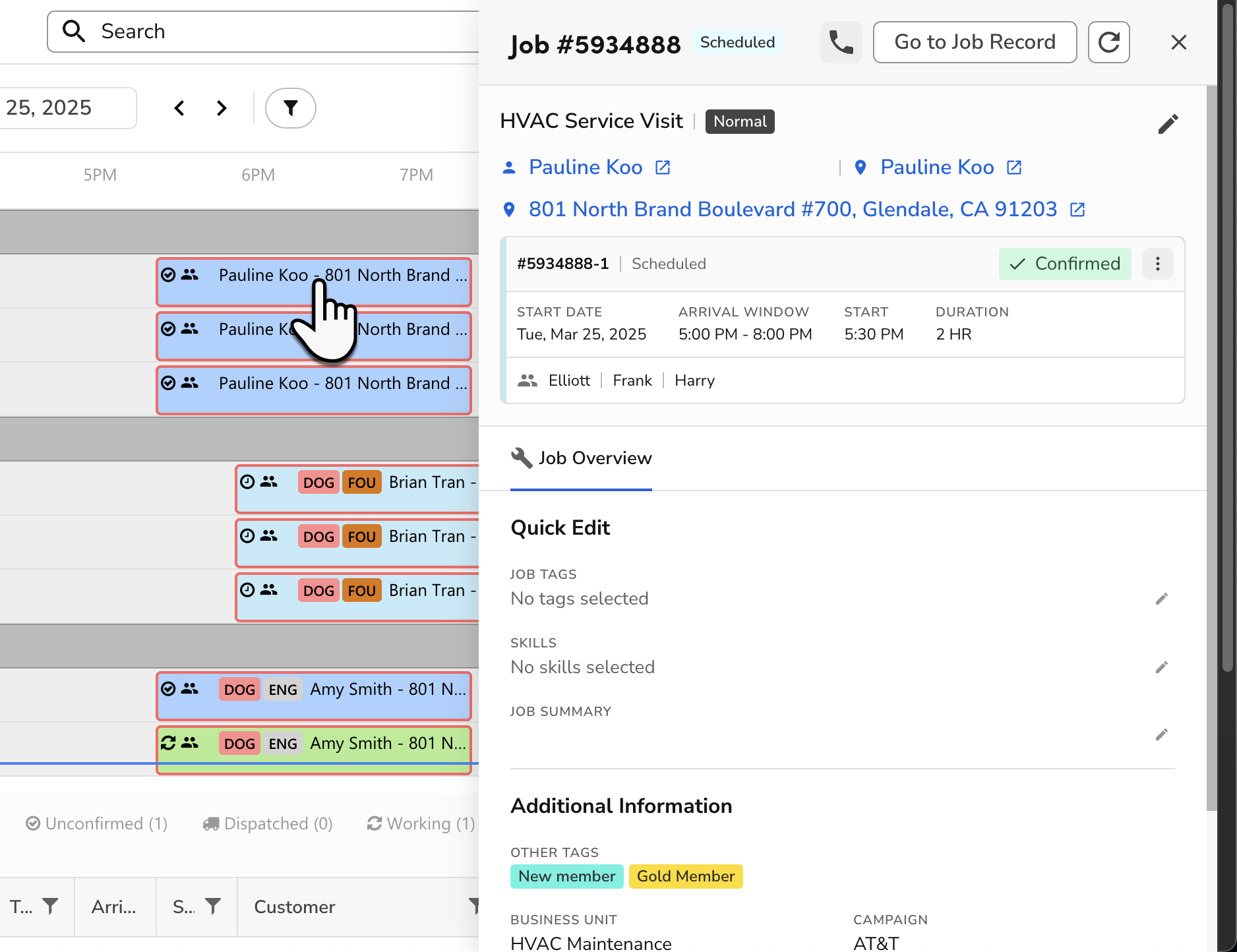 A cursor selecting an appointment on the ServiceTitan Dispatch Board which opens the Job Details ...