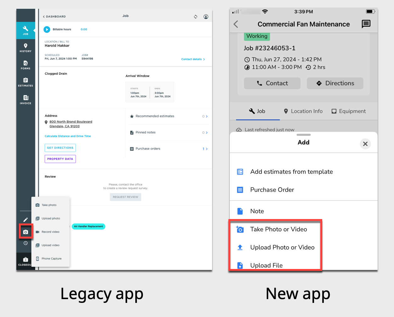An image comparing media workflows in ServiceTitan's old technician app with the new Field ...