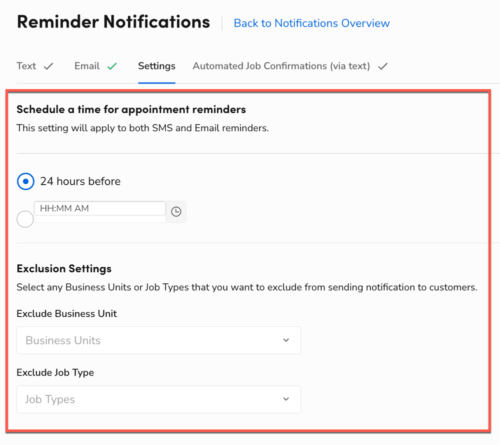 The Settings tab on the ServiceTitan Reminder Notifications screen.