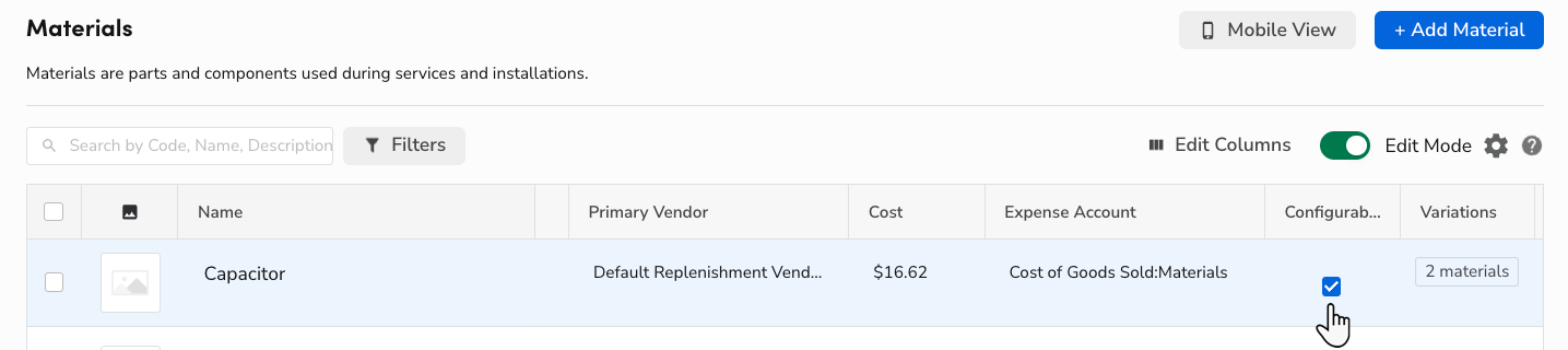 Cursor clicking to enable the Configurable Material option