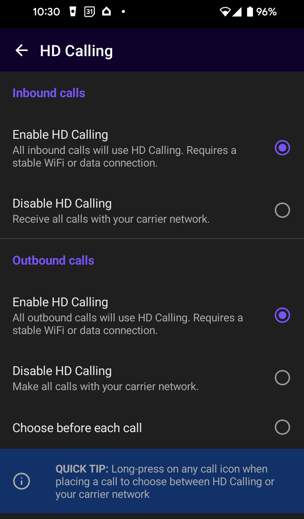 Enabling or disabling HD Calling on Android devices