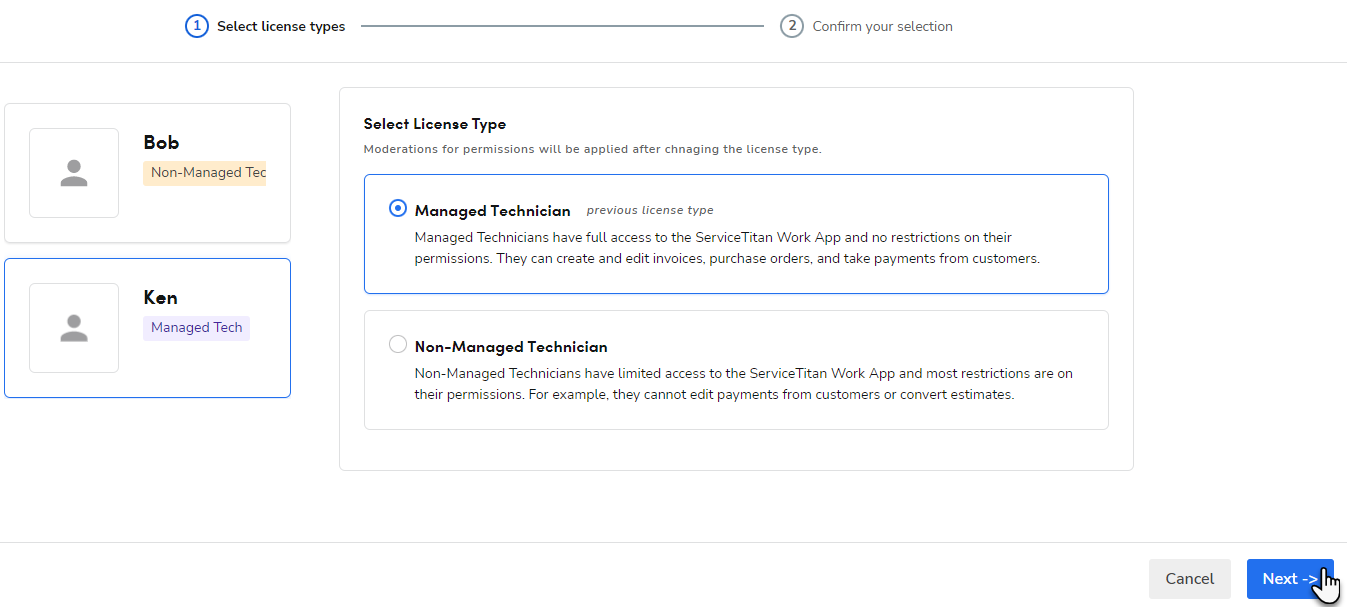 The Select license types page