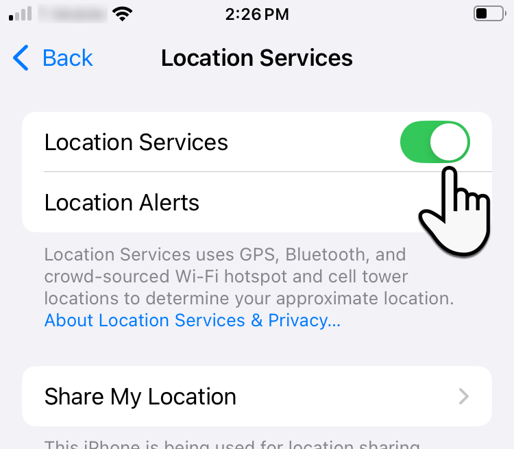 A cursor selecting the On toggle for location settings on an iOS device.