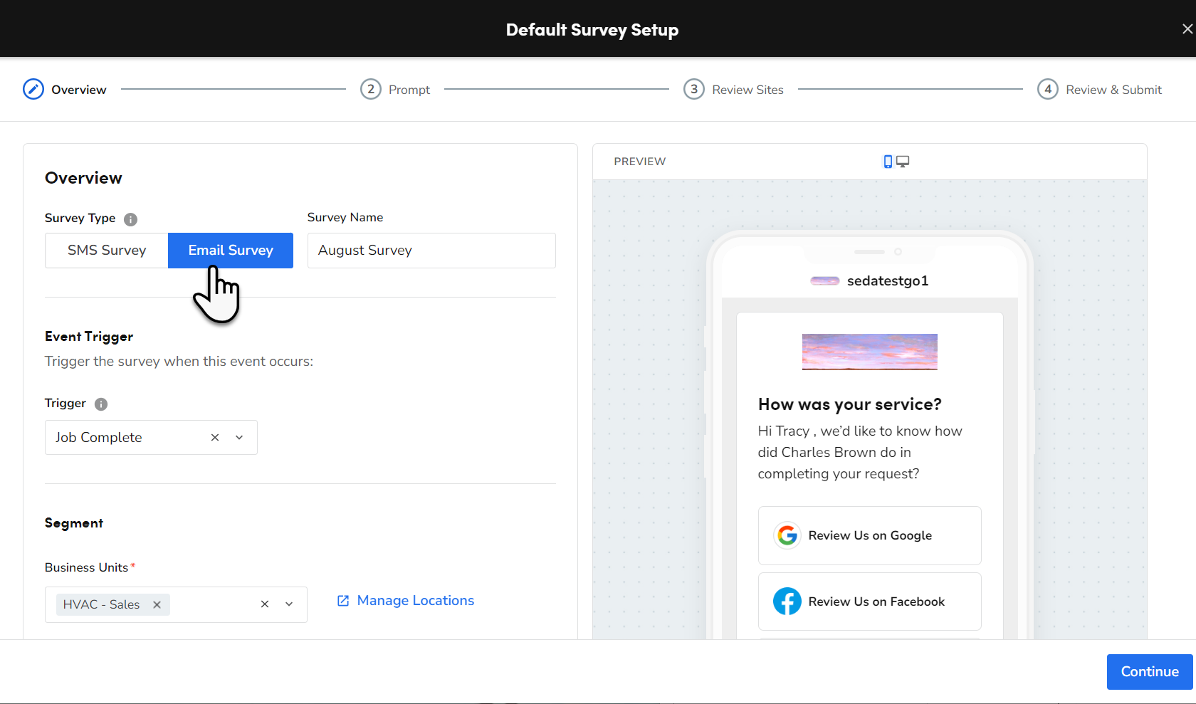 Select default Email Survey in Overview
