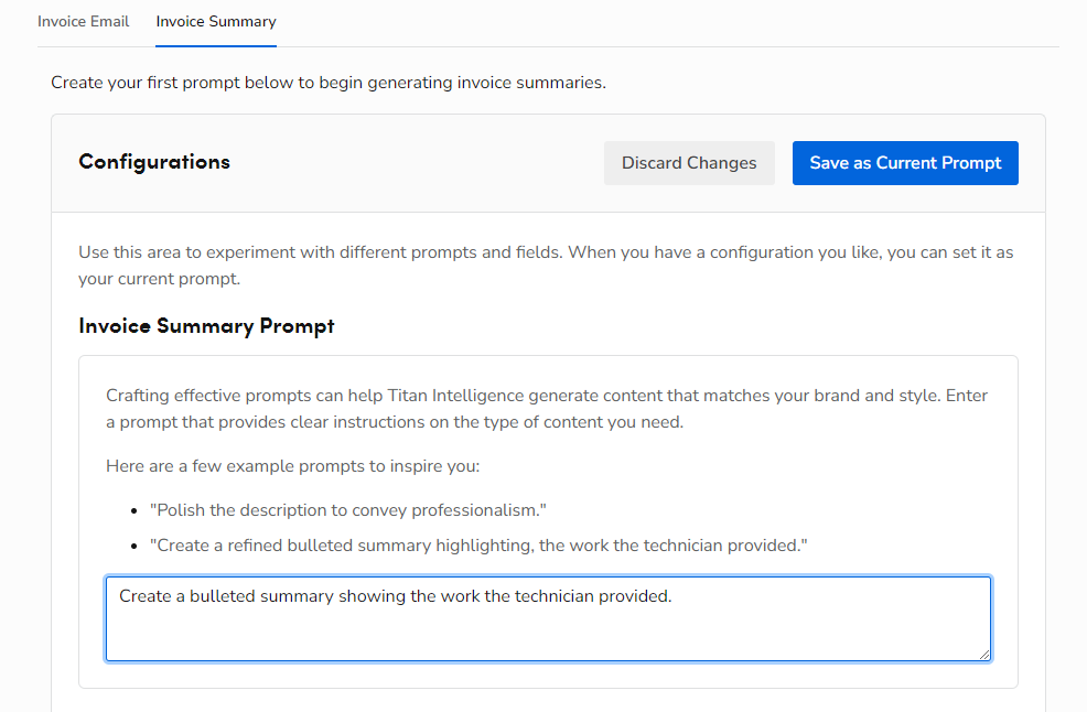 Screenshot of the Invoice Summary Prompt section in the Generative ...