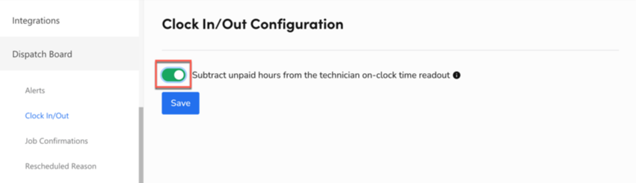 The Clock In/Out Configuration tab in the Settings section of ServiceTitan.