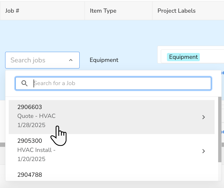 Cursor clicking the job for which the items are used.