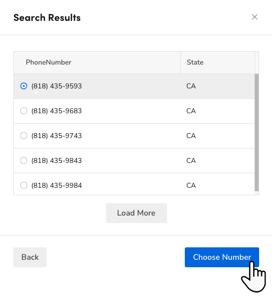 Cursor hovers over Choose Number on the Search Results pop-up.