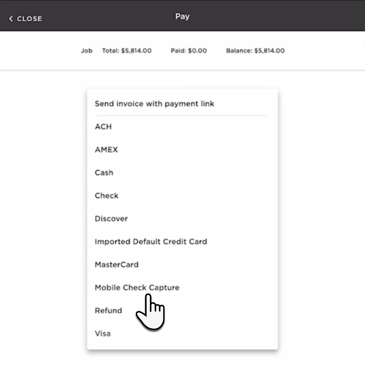A cursor selecting Mobile Check Capture.